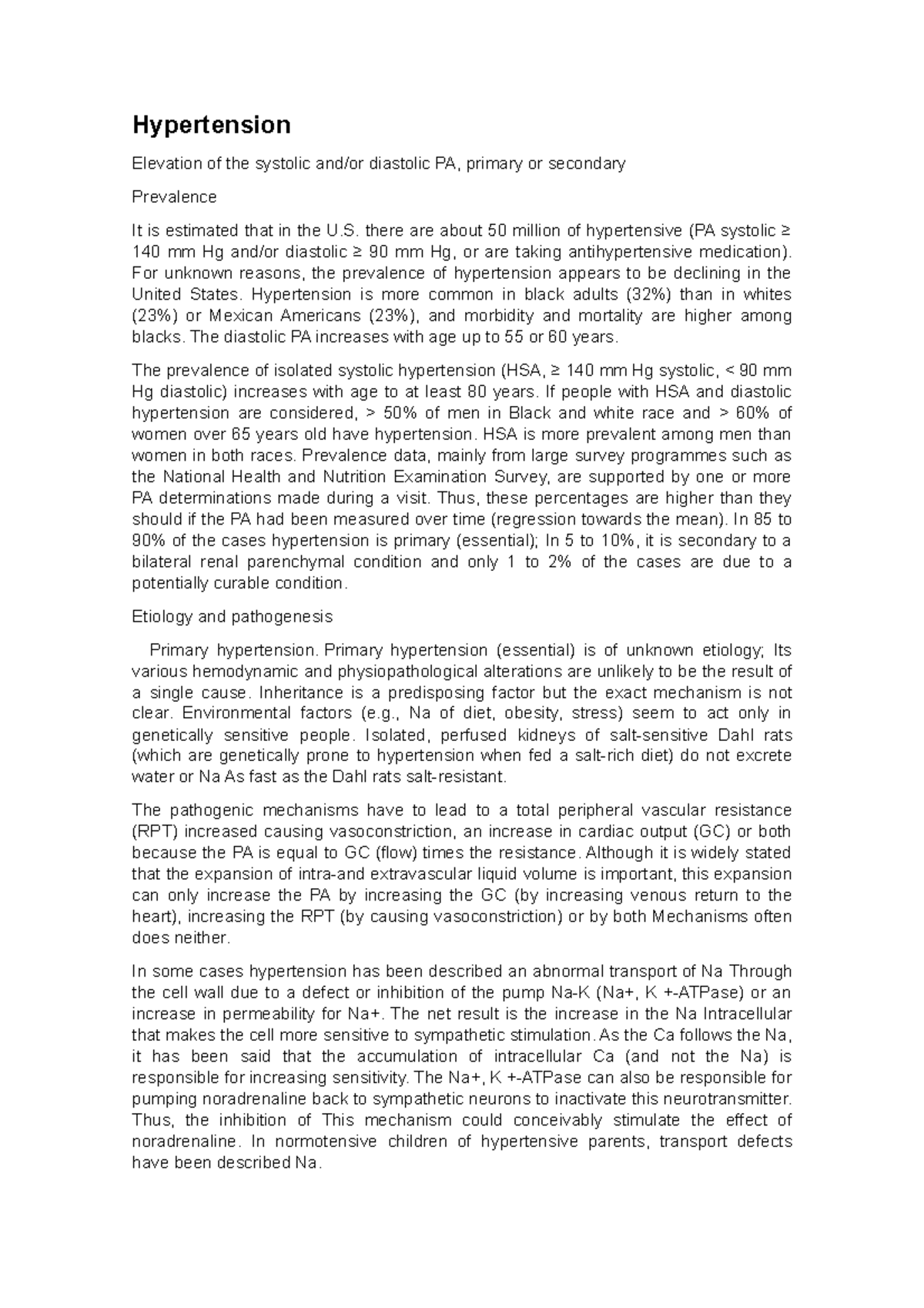 Hypertension - Lecture notes 1 - Hypertension Elevation of the systolic ...