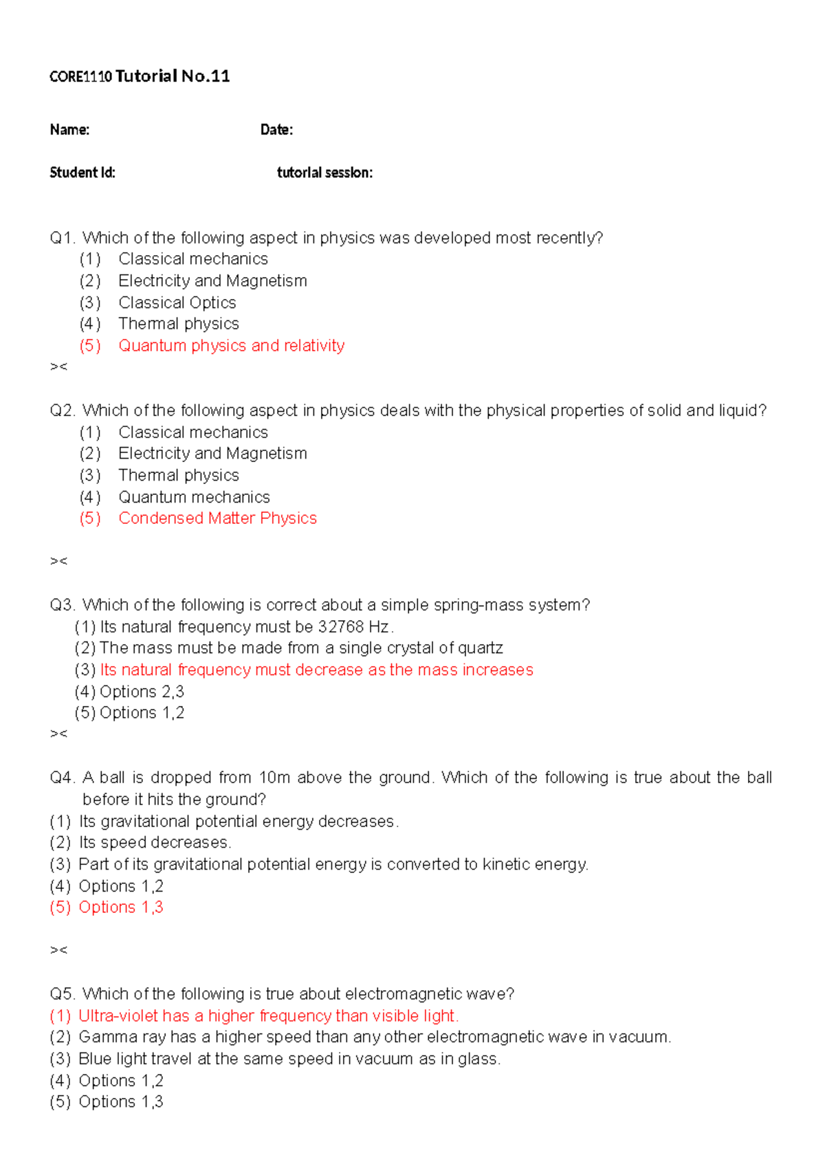 23Spring tut11 ans - notes - CORE1110 Tutorial No. 11 Name: Date ...