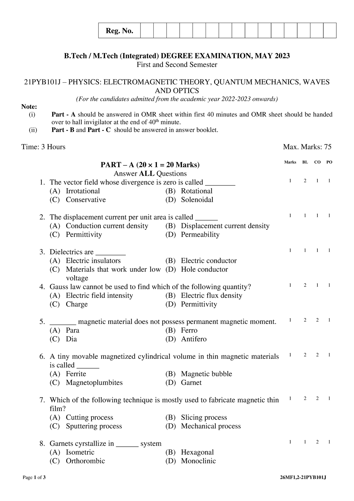 21PYB101J Question Paper - Page 1 of 3 26MF1,2-21PYB101J Reg. No. B / M ...