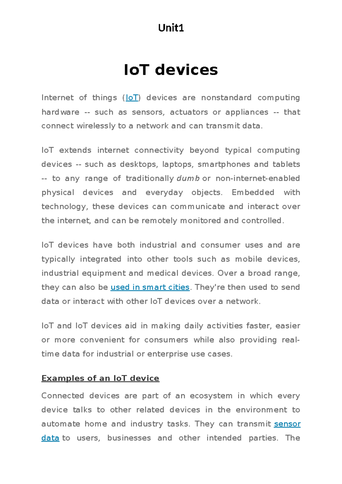 ICPA notes - IoT devices Internet of things (IoT) devices are ...