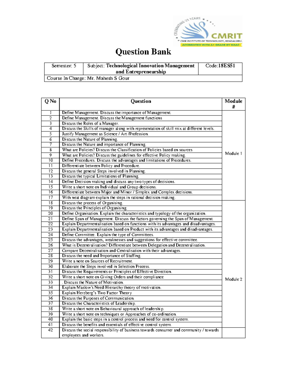 Question Bank 18ES51 Module 1-3 - Question Bank Semester: 5 Subject ...