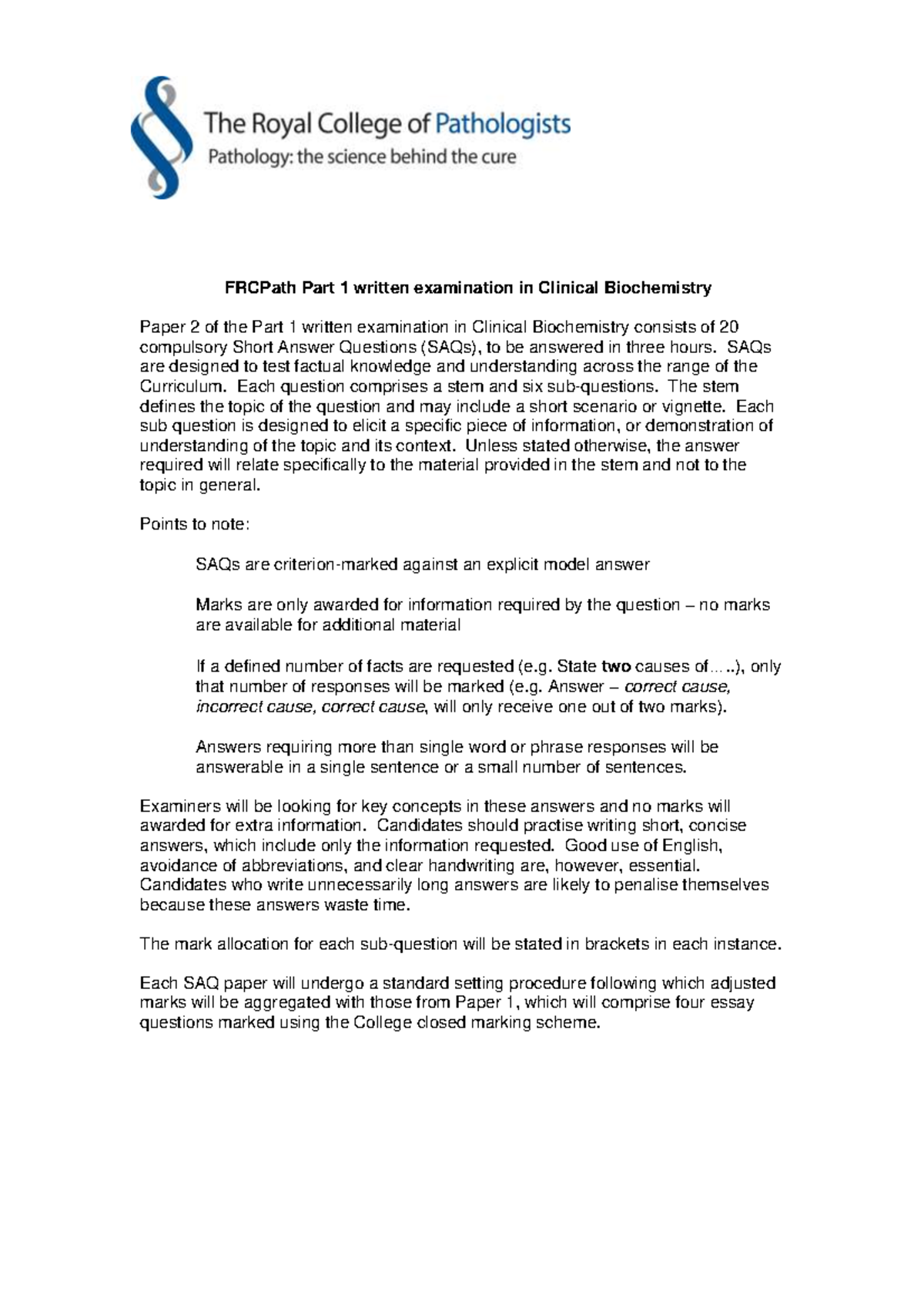 Clinical Biochemistry Sample SAQs - FRCPath Part 1 written examination ...