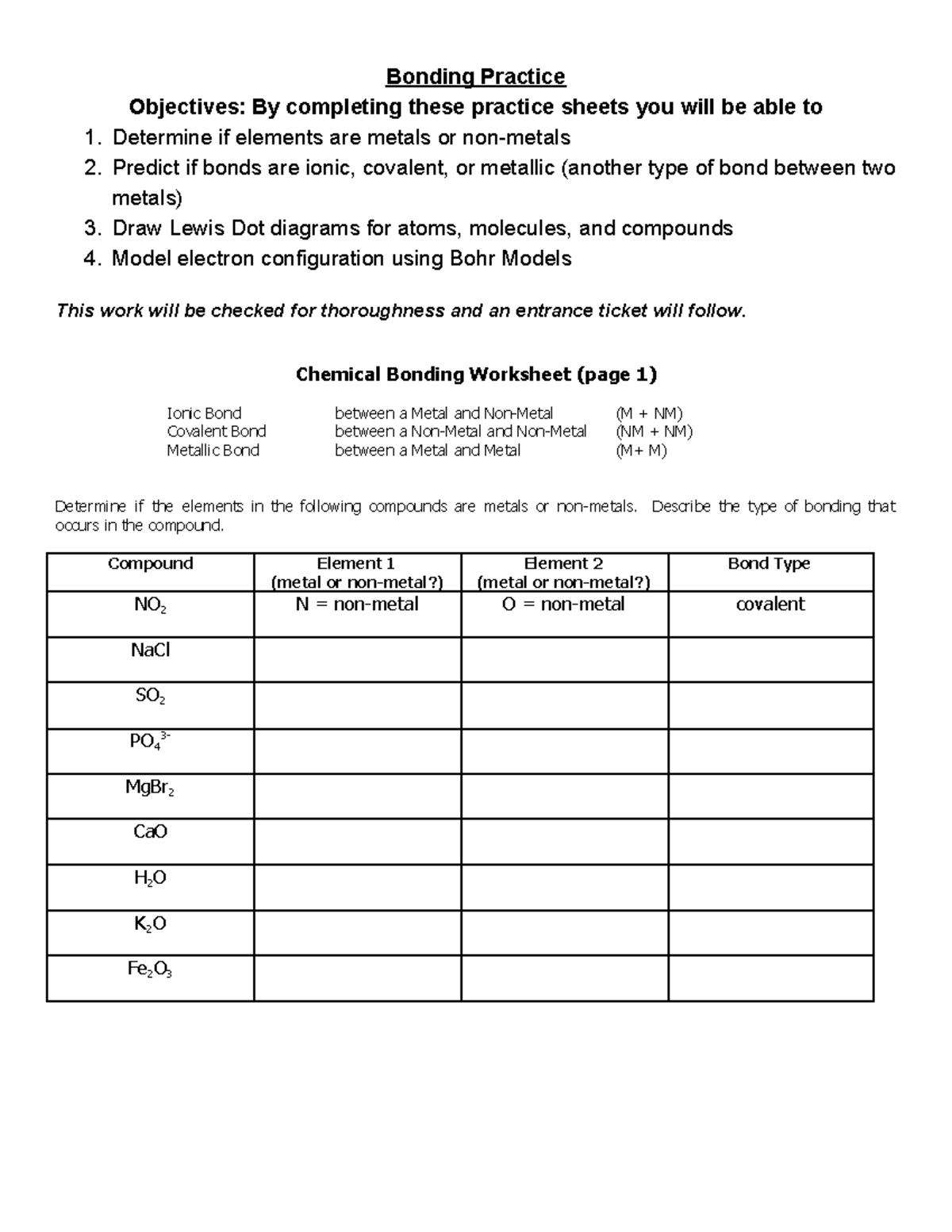 Bonding Practice Packet - Bonding Practice Objectives: By completing these practice sheets you ...