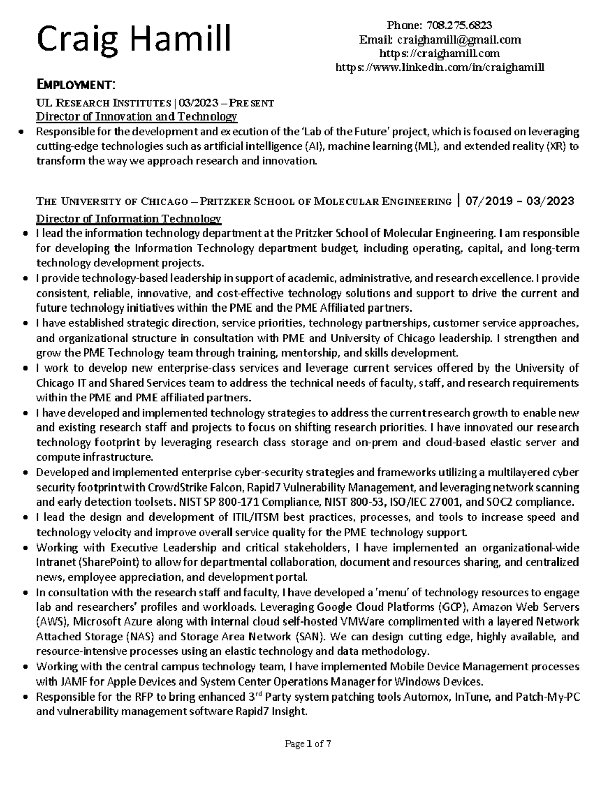 Craig Hamill Resume 2023 - Craig Hamill EMPLOYMENT: UL RESEARCH ...