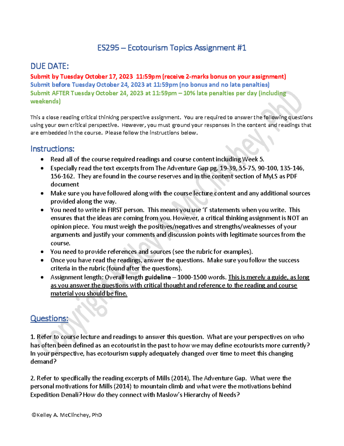ES295 Fall 2023 Ecotourism Topic Assignment #1 - ©Kelley A. McClinchey ...