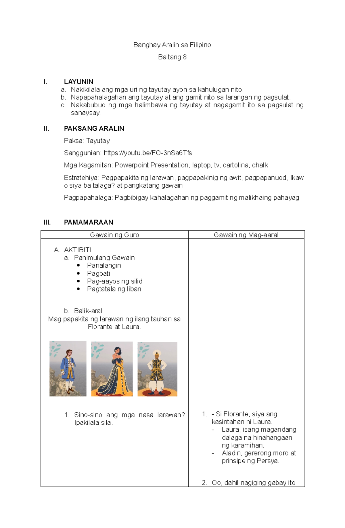 Tayutay 1 - Banghay Aralin sa Filipino Baitang 8 I. LAYUNIN a ...
