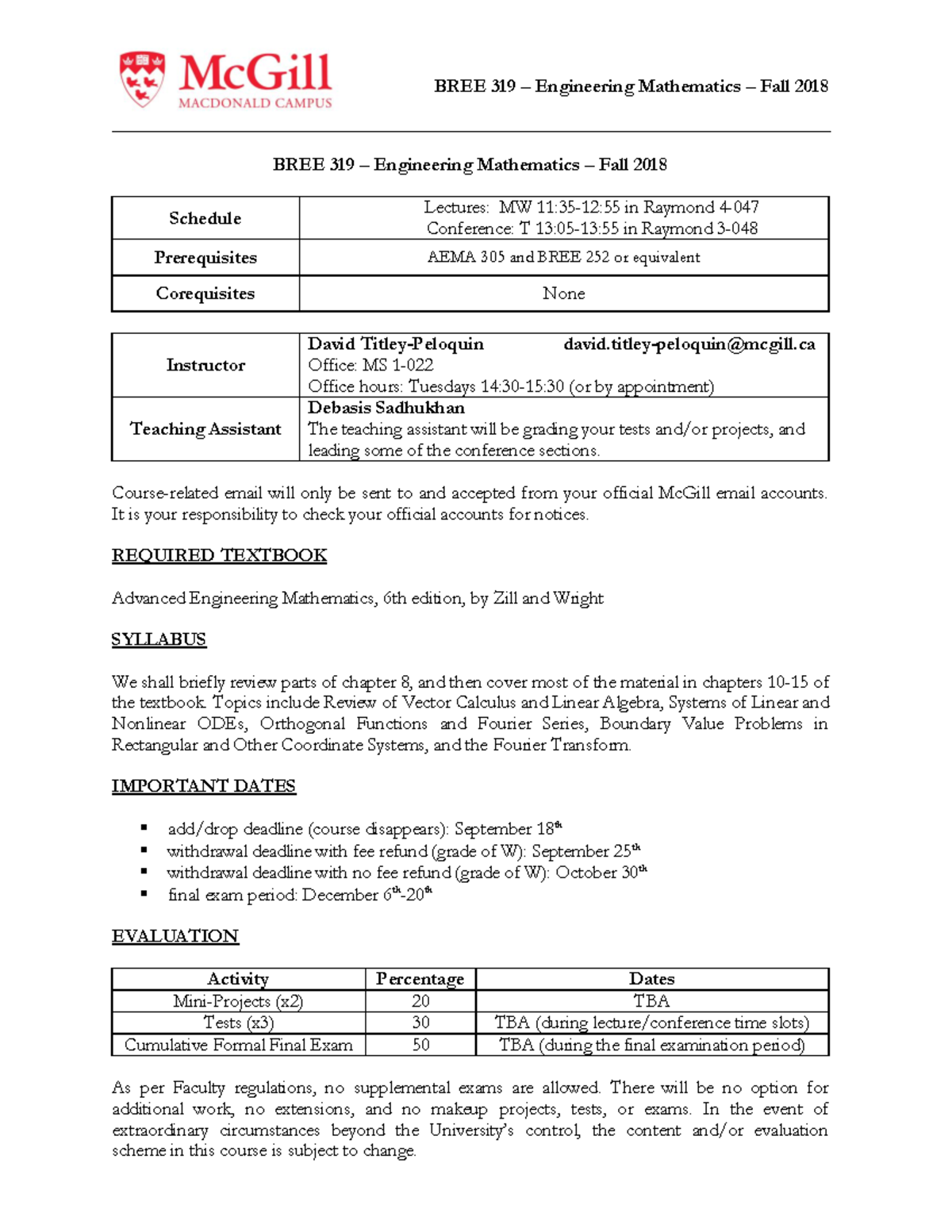 Syllabus BREE 319 - BREE 319 – Engineering Mathematics – Fall 2018 ...