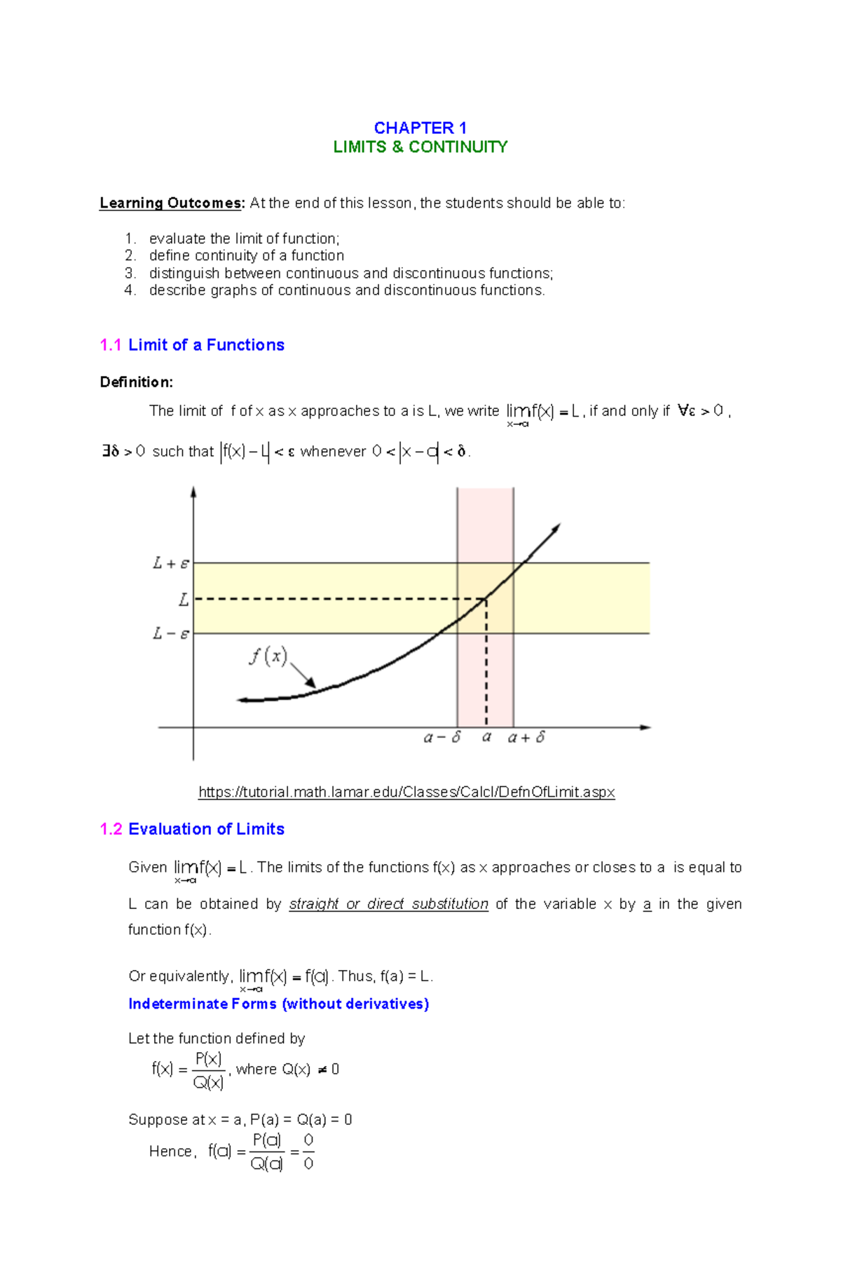 Chapter 1 - CHAPTER 1 LIMITS & CONTINUITY Learning Outcomes: At the end of this lesson, the ...