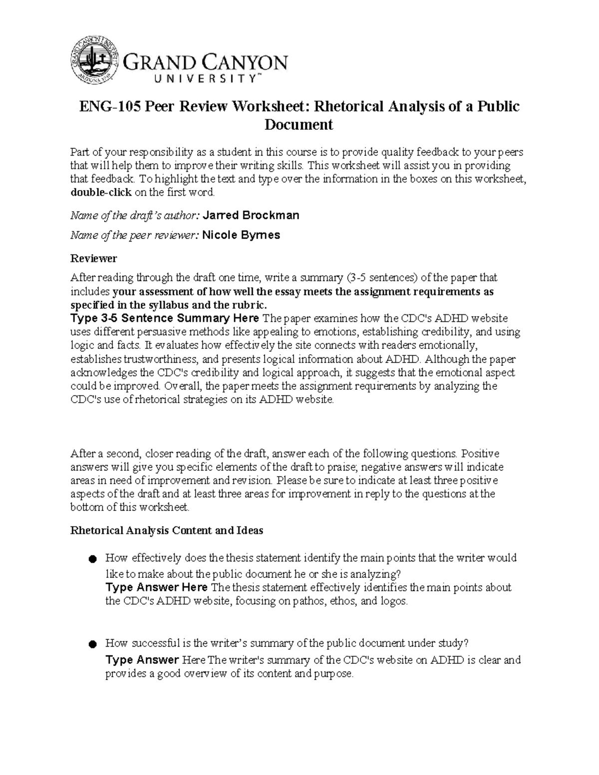 ENG-105-RS-Rhetorical Analysis Peer Review Worksheet Online - ENG-105 ...