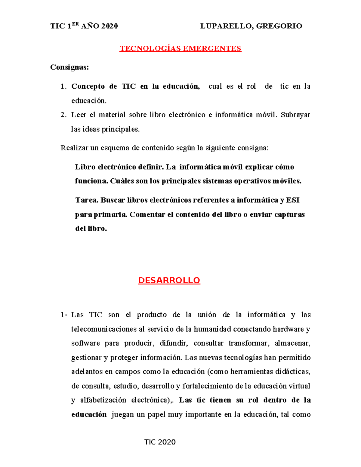 Tic - Tic - TIC 1 ER AÑO 2020 LUPARELLO, GREGORIO TECNOLOGÍAS ...