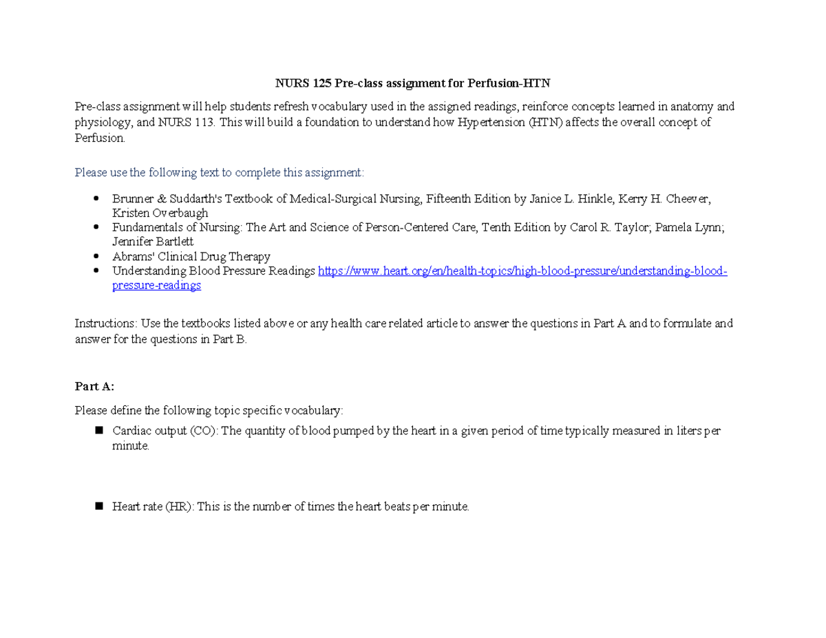 NURS 125 Pre-class assignment for Perfusion-HTN -Spring 2024 - NURS 125 ...