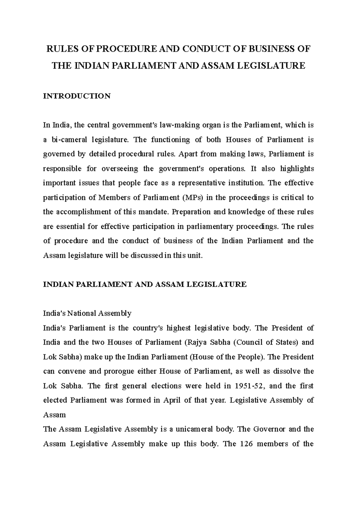 Rules OF Procedure AND Conduct OF Business OF THE Indian Parliament AND ...