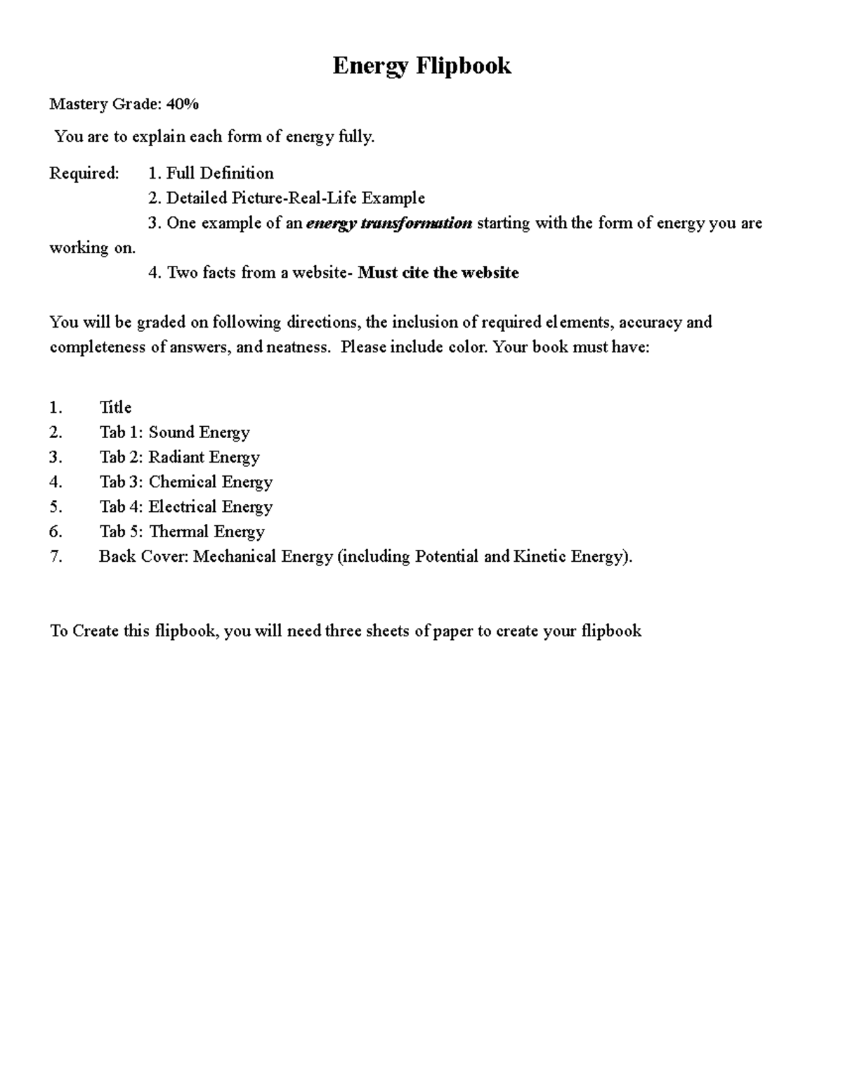 Energy Flip Book 23-24 - Follow the directions to complete - Energy ...