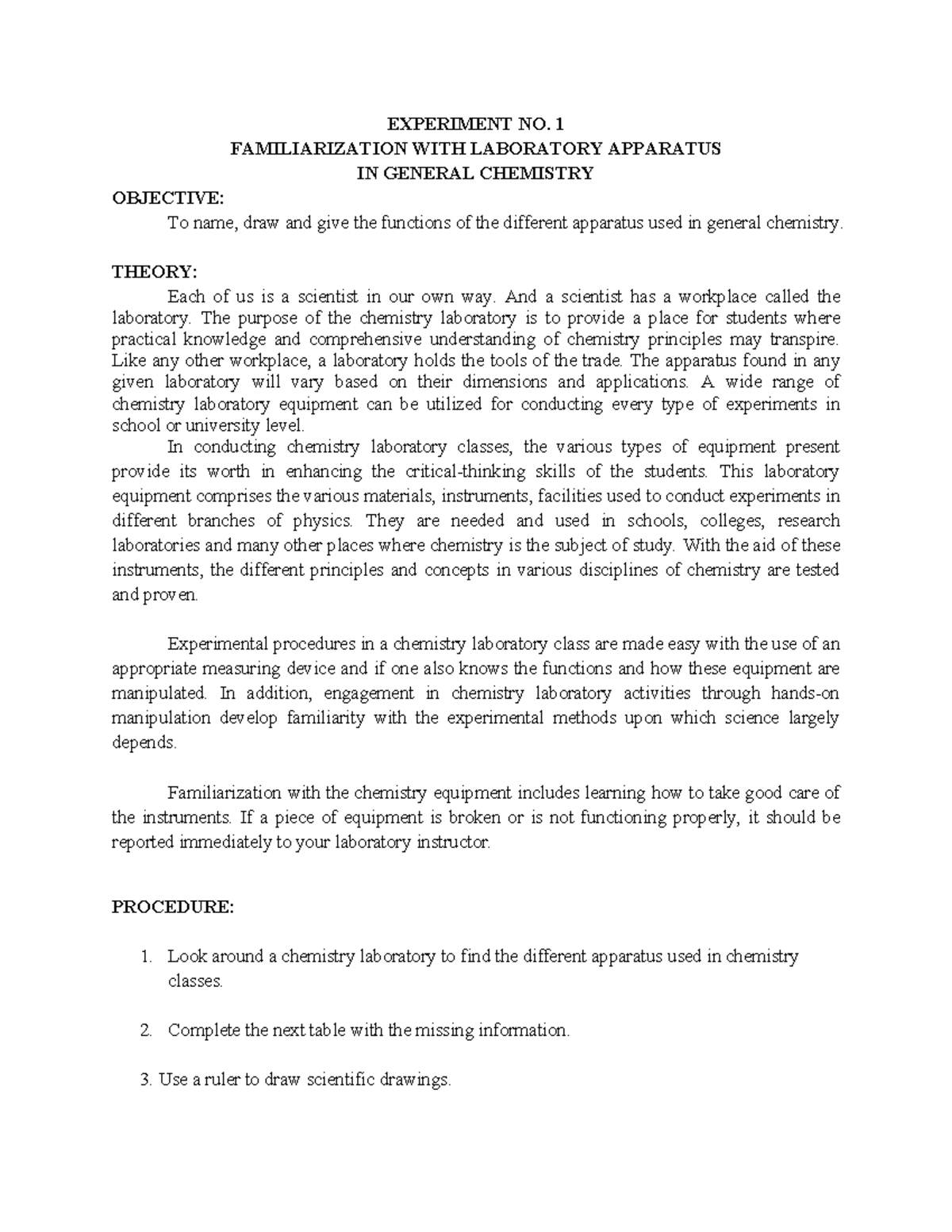 Moong Experiment No.1 Familiarization with Common Laboratory Apparatus - EXPERIMENT NO. 1 - Studocu