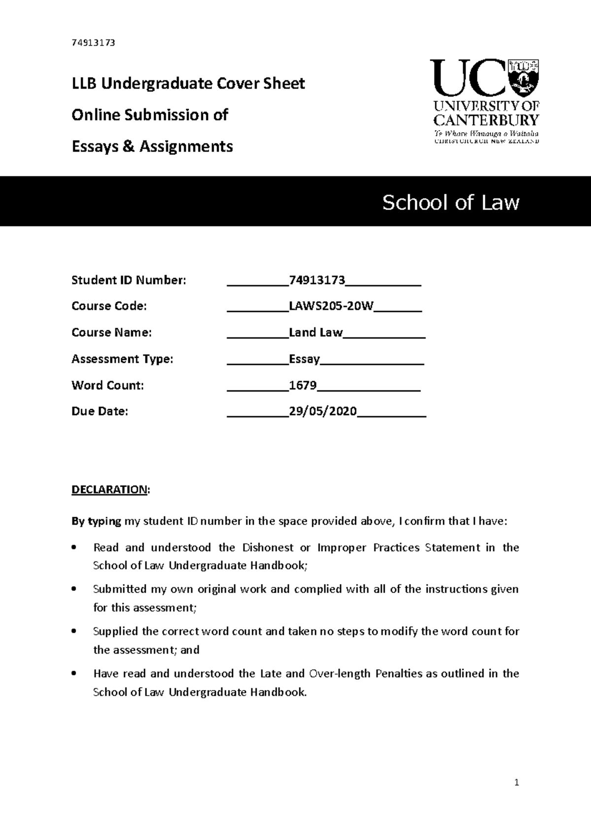 Land Law Essay Assignment - LLB Undergraduate Cover Sheet Online ...