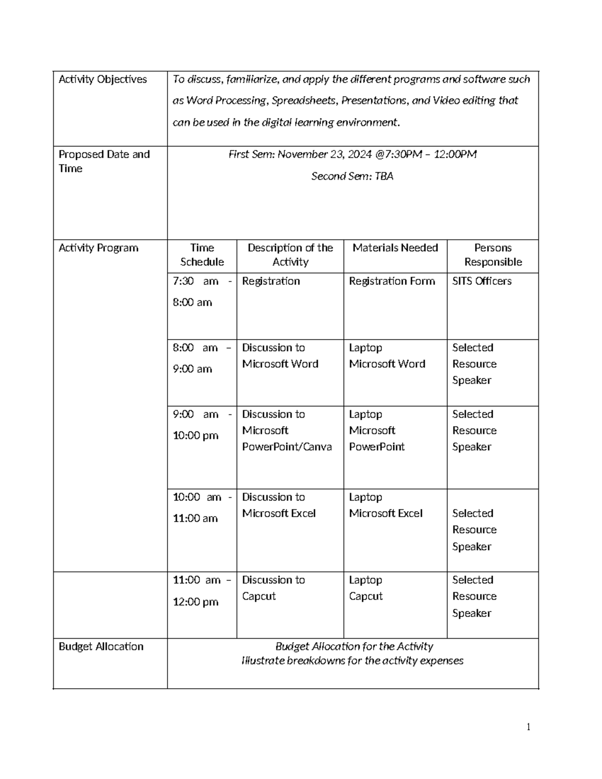 Activity Program - Activity Objectives To discuss, familiarize, and ...