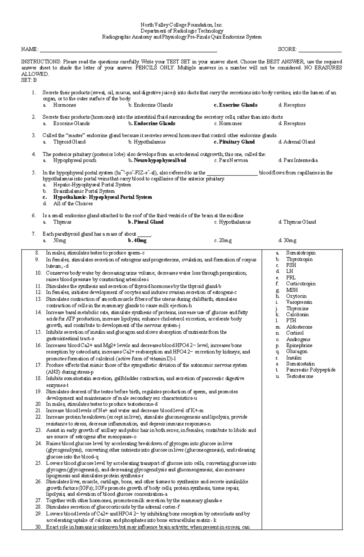 Rad Ana Pretest Prefinals 1 Set B - North Valley College Foundation ...