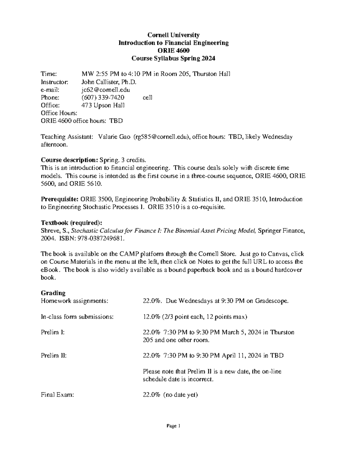 ORIE 4600 Spring 2024 Syllabus Version one - Cornell University ...