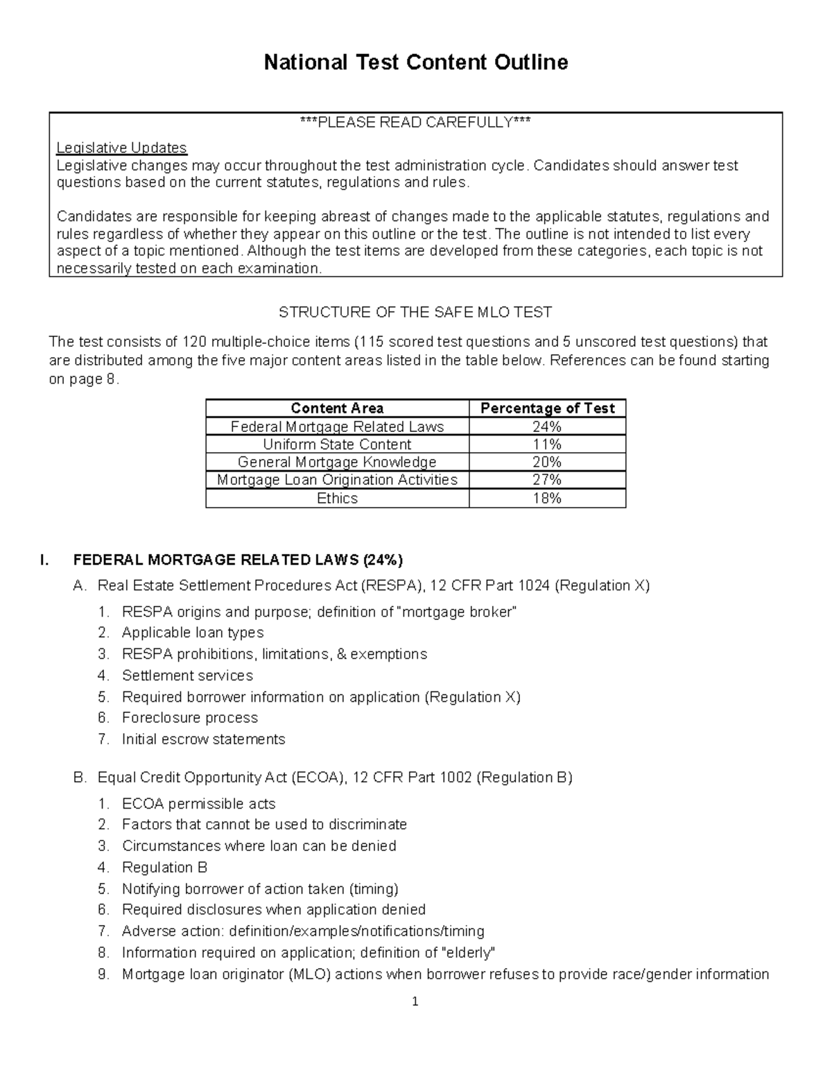 NMLS National Test Outline - National Test Content Outline PLEASE READ ...