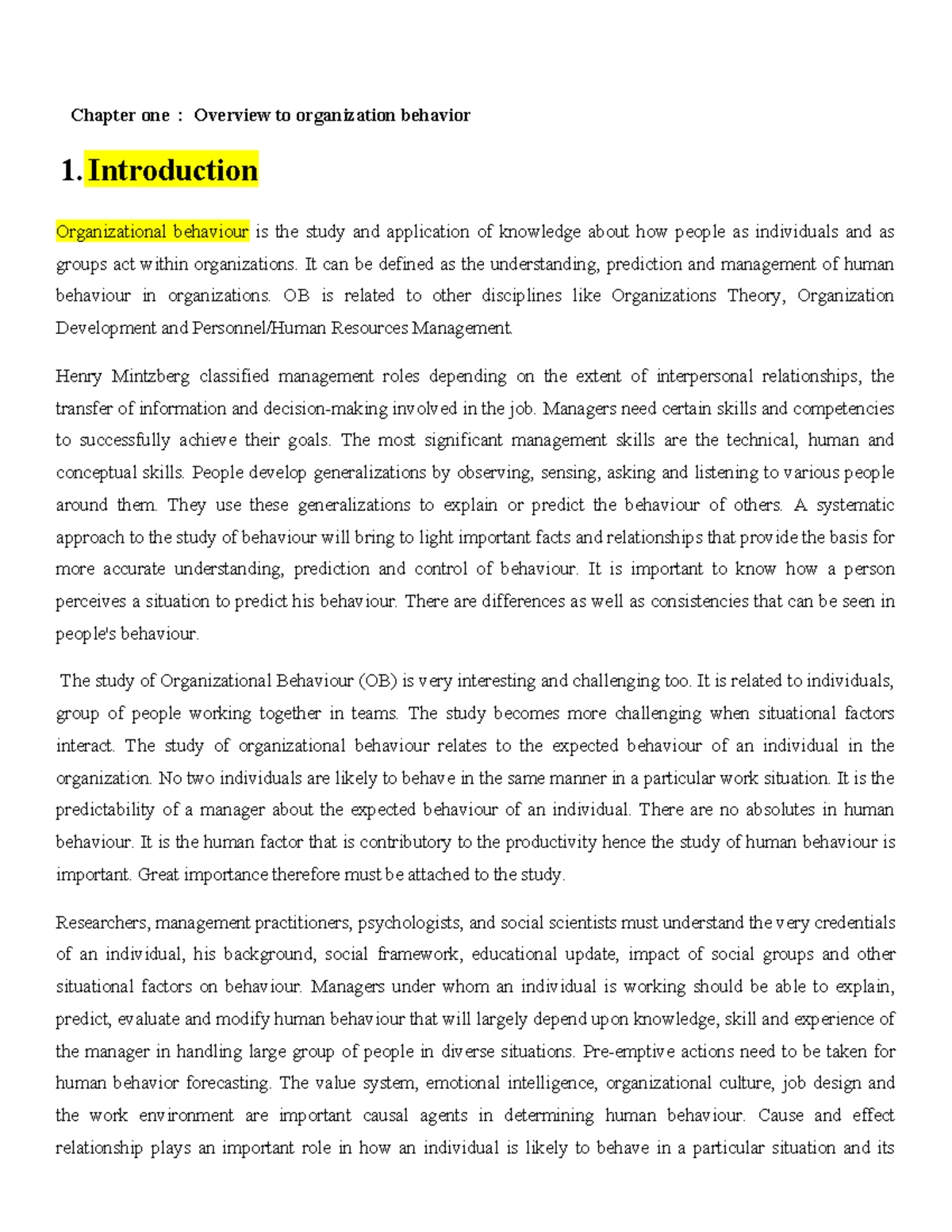 Ob ch1 - CONTAINS CLEAR EXAMPES - Chapter one : Overview to organization behavior 1 ...