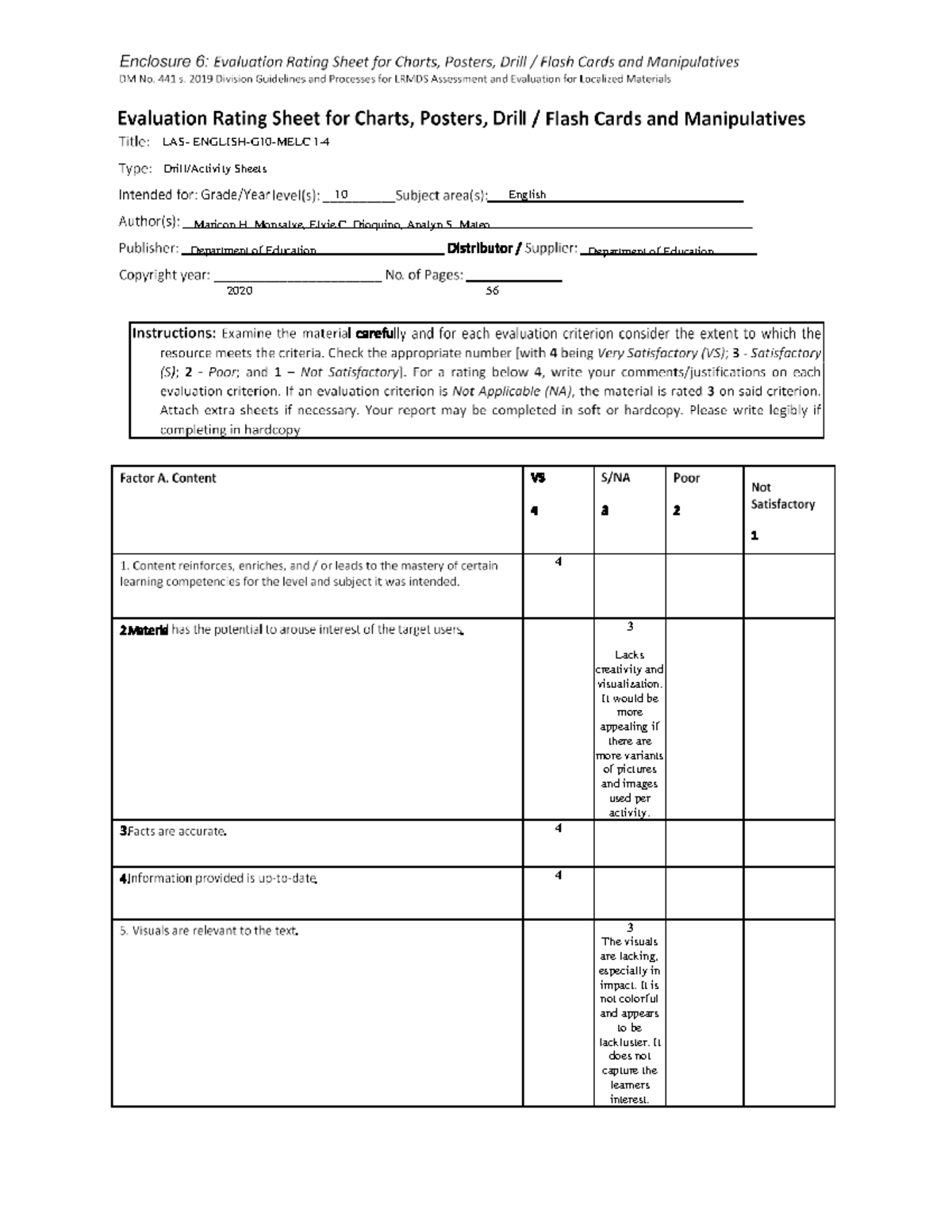 Sample rating on Instructional Material for Drills and Flashcards - LAS ...