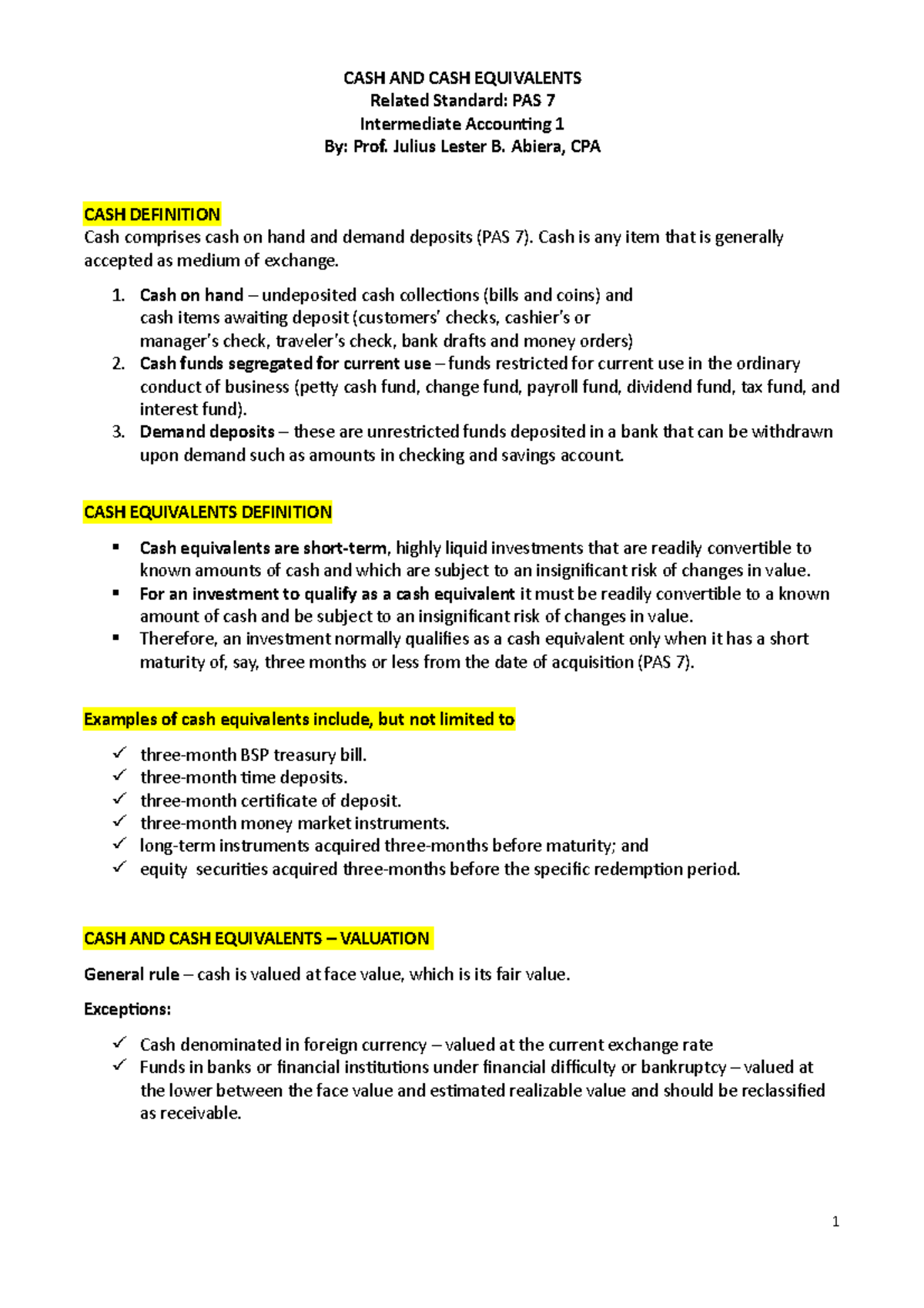 Intacc-2022 - Intacc review notes - CASH AND CASH EQUIVALENTS Related ...