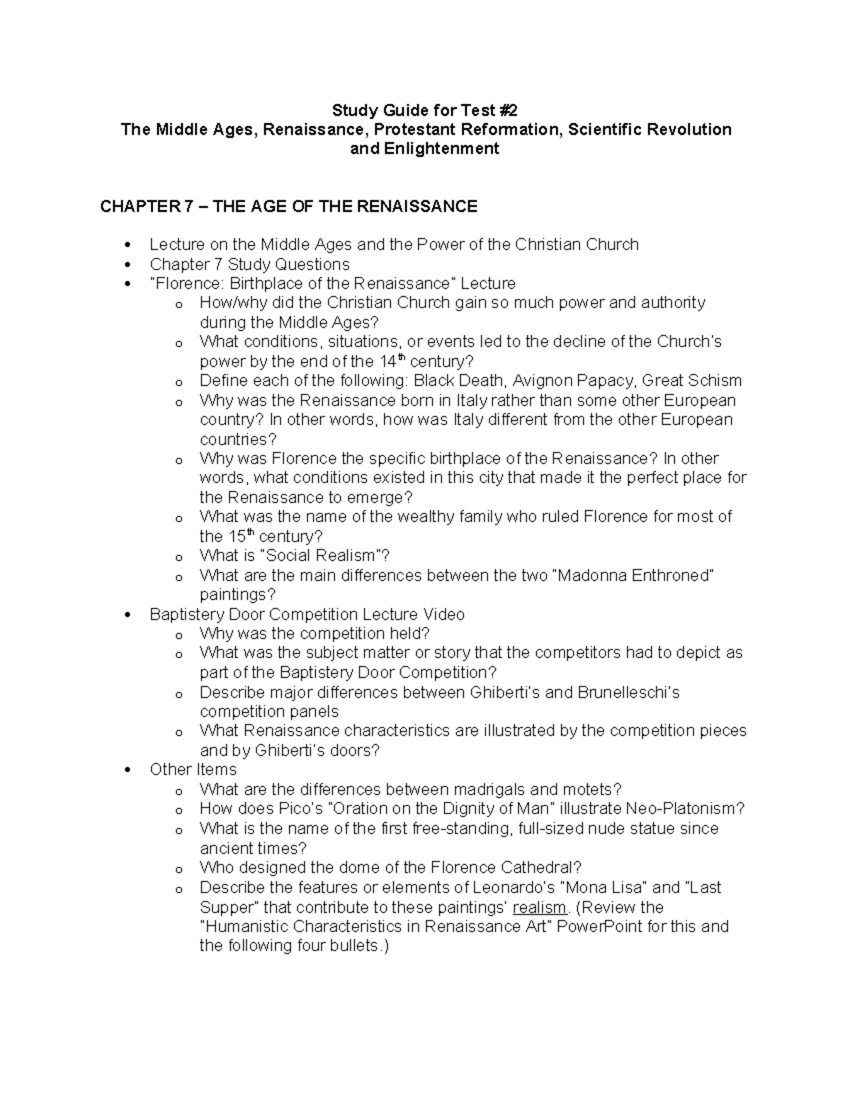 Test 2 Study Guide - Study Guide for Test The Middle Ages, Renaissance ...