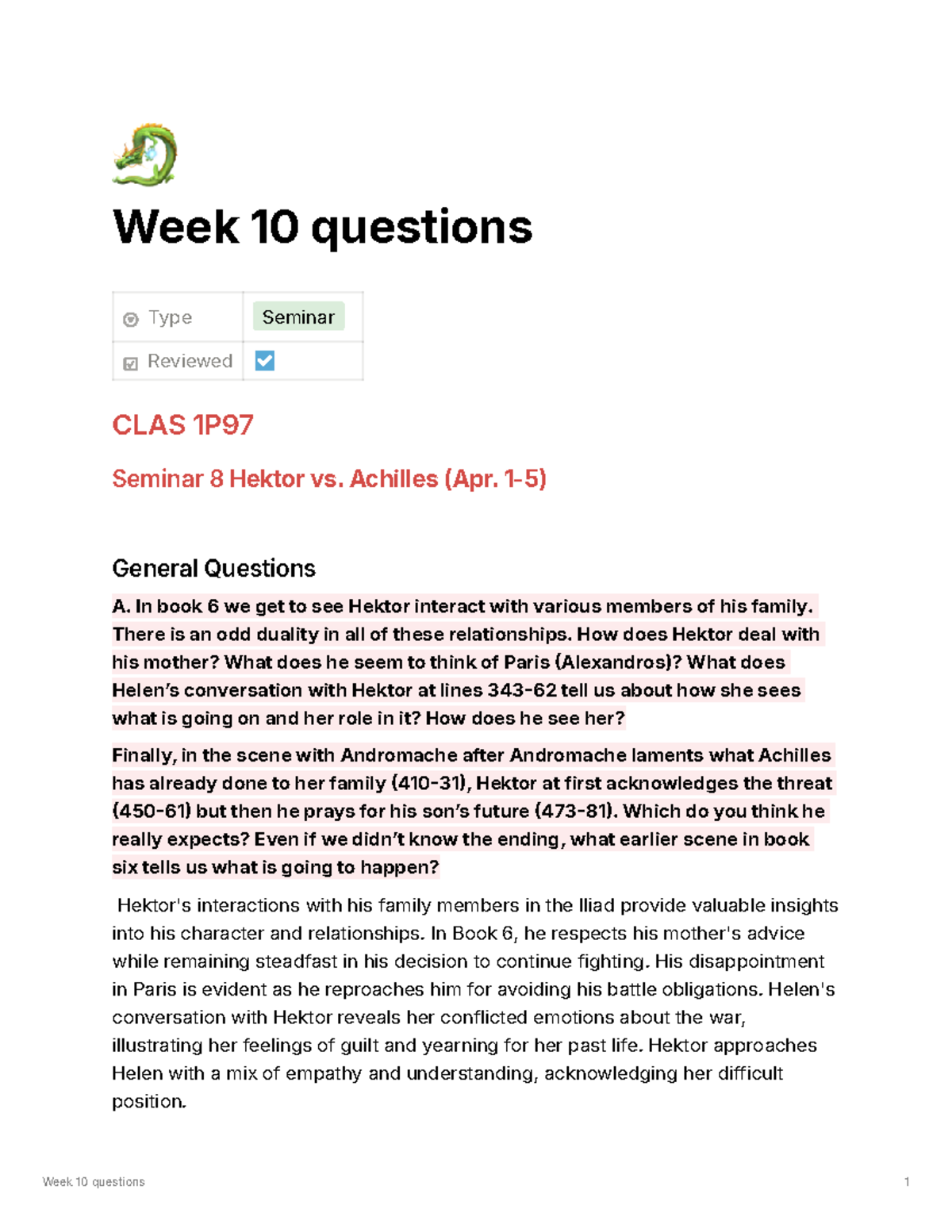 Seminar 10 questions and answers - Week 10 questions 1 🐉 Week 10 questions Type Seminar Reviewed ...