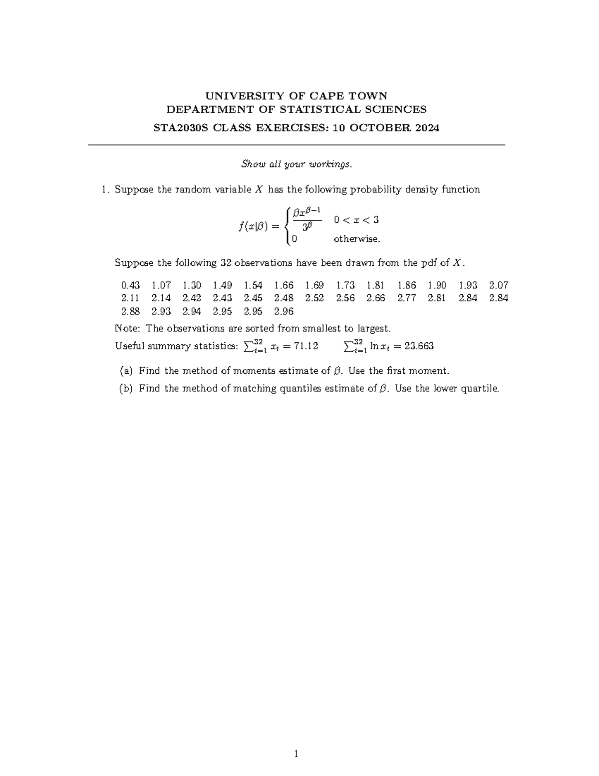 Class Exercises 10 October 2024 - UNIVERSITY OF CAPE TOWN DEPARTMENT OF STATISTICAL SCIENCES ...