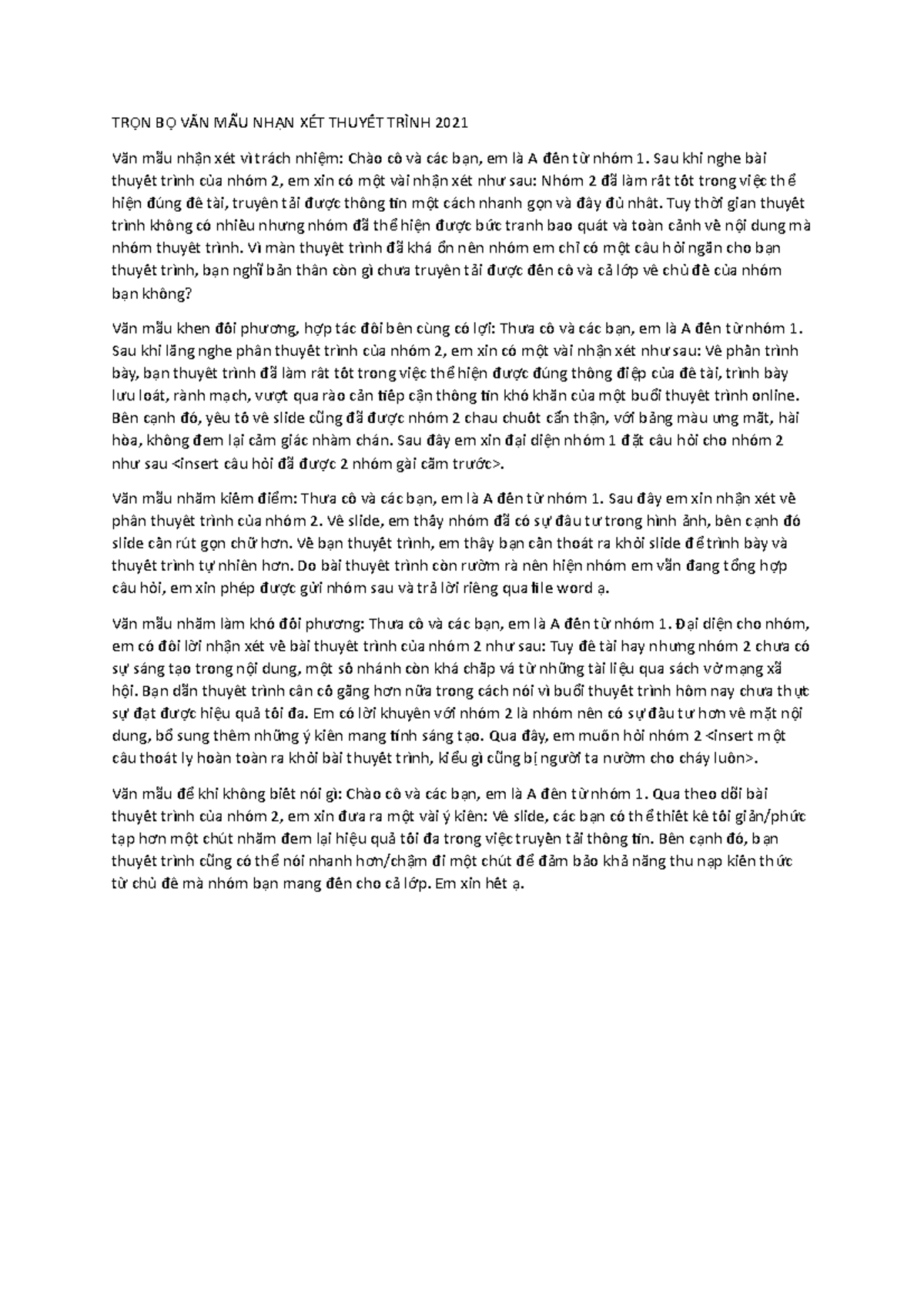 TRỌN BỘ VĂN MẪU NHẬN XÉT THUYẾT Trình 2021 - TR ỌN B Ộ VĂN MẪẪU NH N XÉT THUYẾẾT TRÌNH 2021Ậ Văn ...