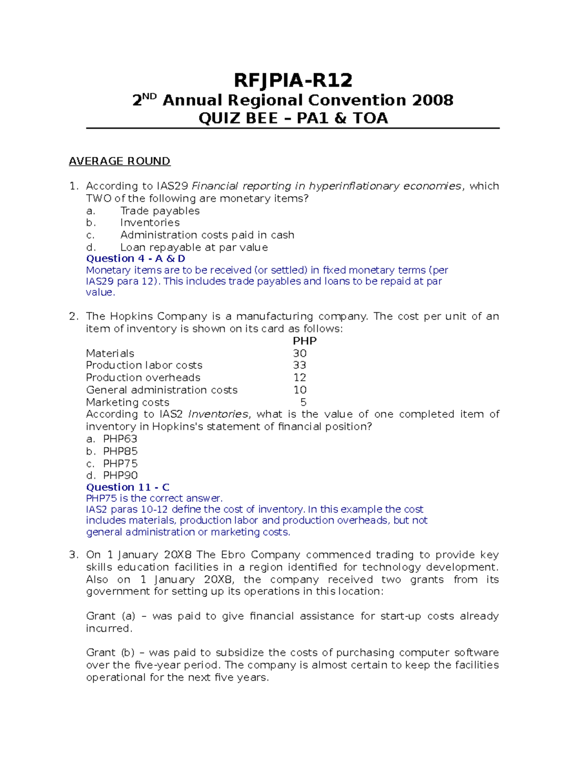 Quiz-bee pa1-toa average - RFJPIA-R 2 ND Annual Regional Convention 2008 QUIZ BEE – PA1 & TOA ...