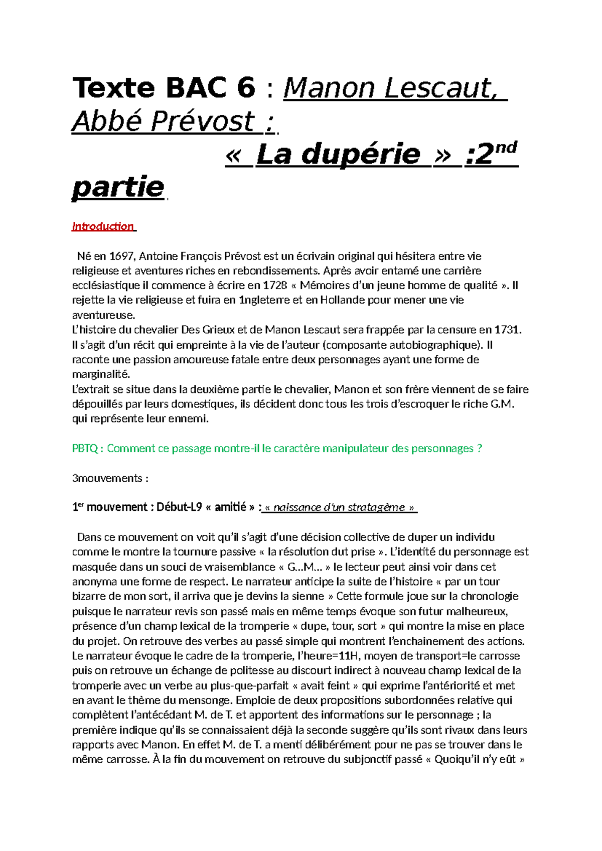Texte+BAC+6 - francais texte - Texte BAC 6 : Manon Lescaut, Abbé ...