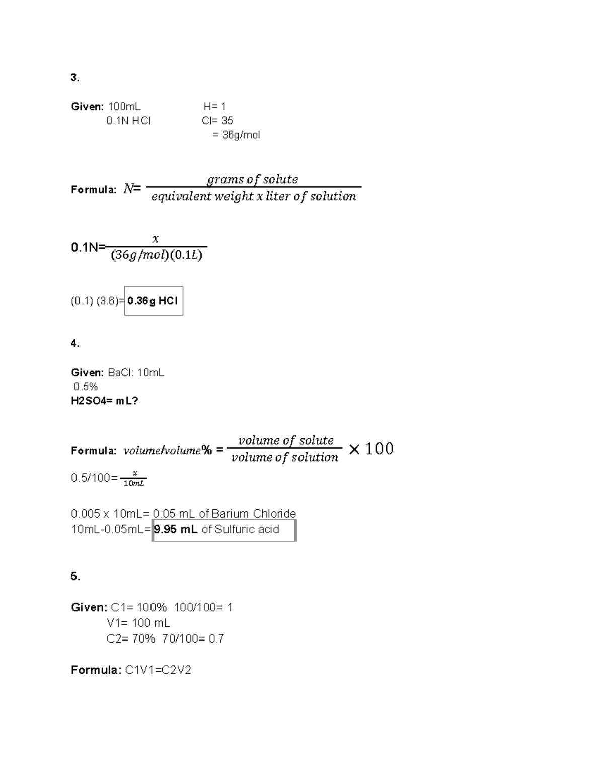 Anachem - hehe - 3. Given: 100mL H= 1 0 HCl Cl= 35 = 36g/mol Formula: 𝕁 ...