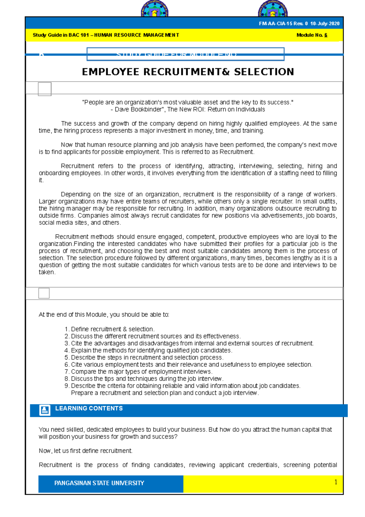 BAC101-HRM- Studyguide-Module-6 - 6 EMPLOYEE RECRUITMENT& SELECTION ...