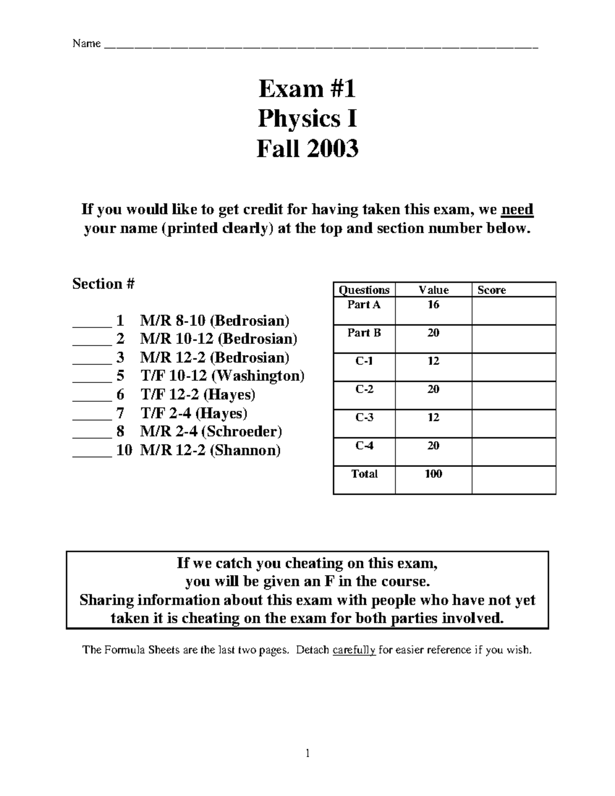Exam1-F03 - back exam fo study purposes - Exam Physics I Fall 2003 If ...