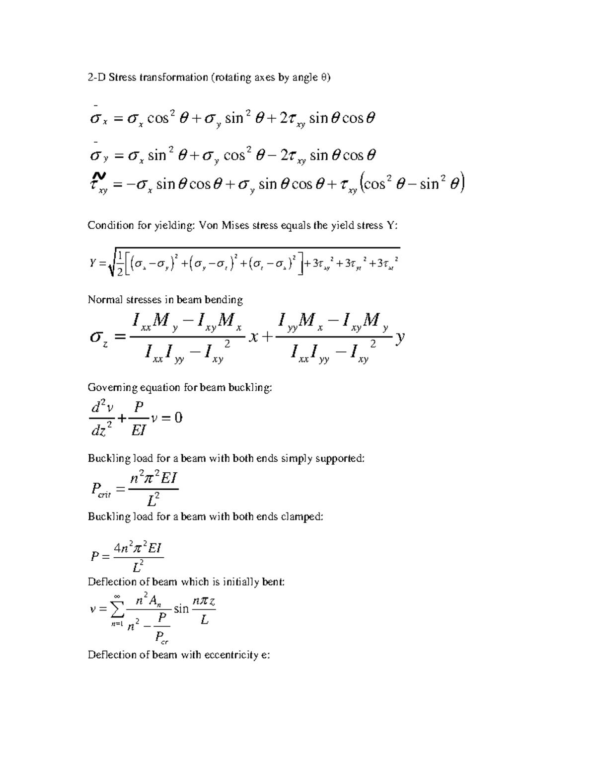 Formula Sheet, from 2011: Also useful in 2013 - 2-D Stress ...