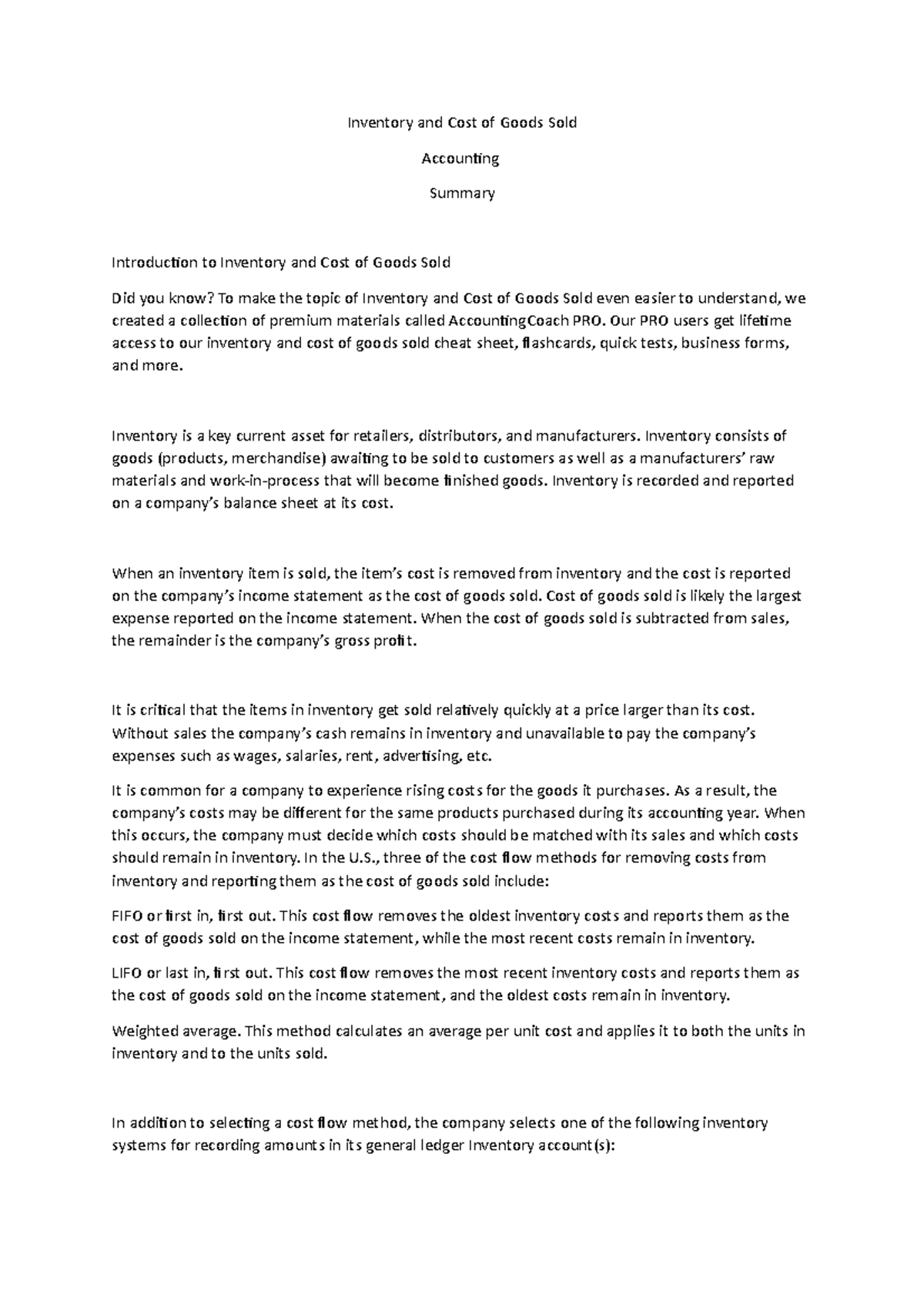 Inventory and Cost of Goods Sold Accounting Summary - Inventory and ...