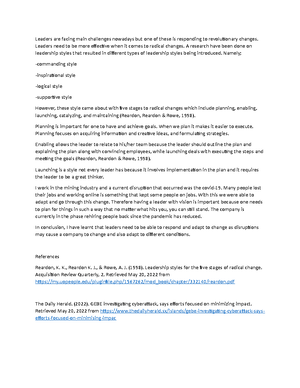 [Solved] After reading Leadership Styles for the Five Stages of Radical ...