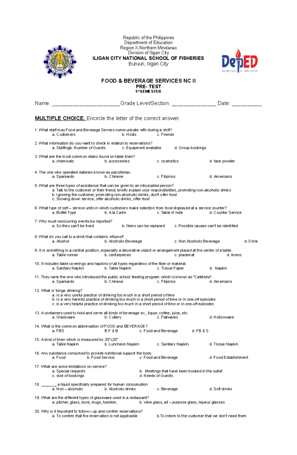 FBS-PRE-TEST - Lecture notes 1 - Republic of the Philippines Department ...