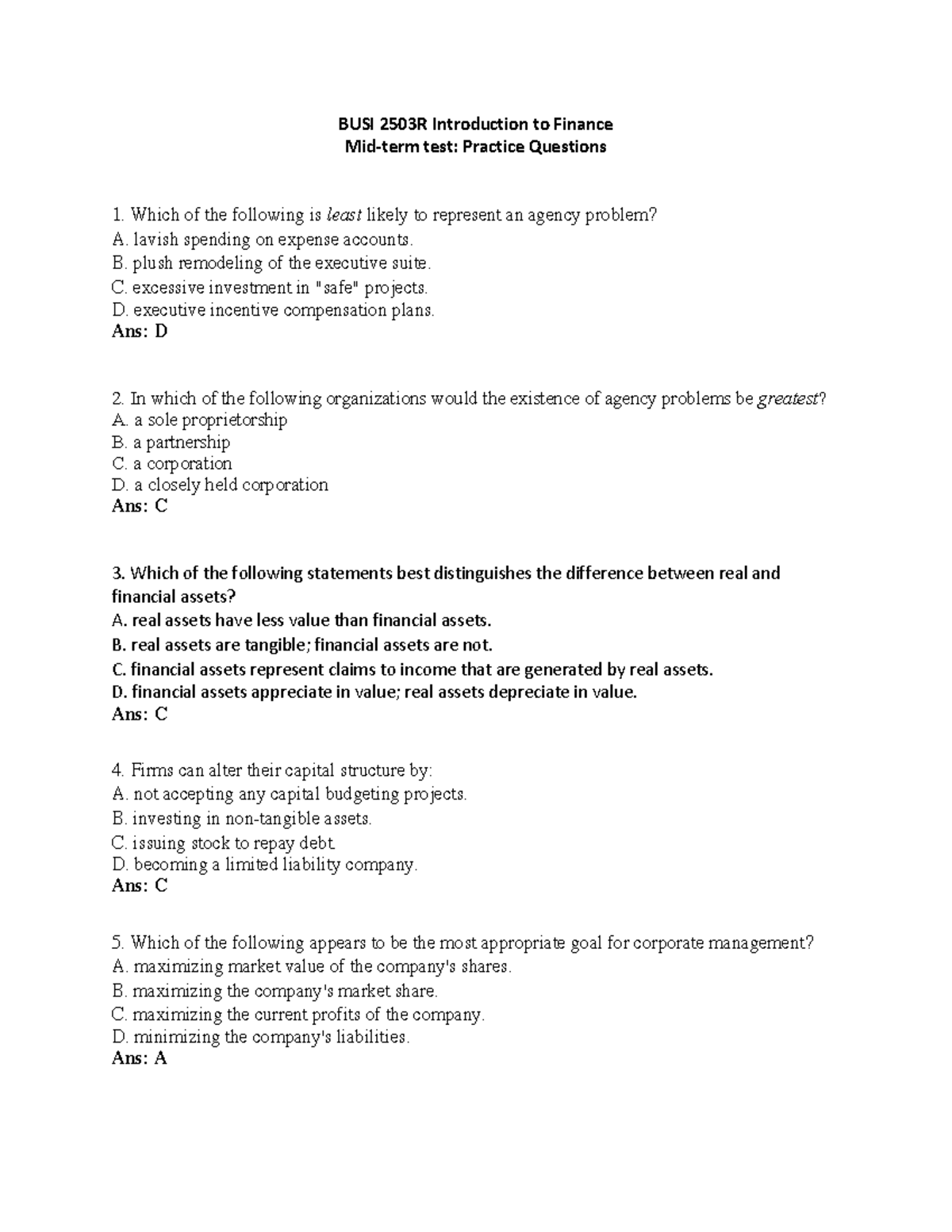 Mid term test-questions and solution - BUSI 2503R Introduction to ...