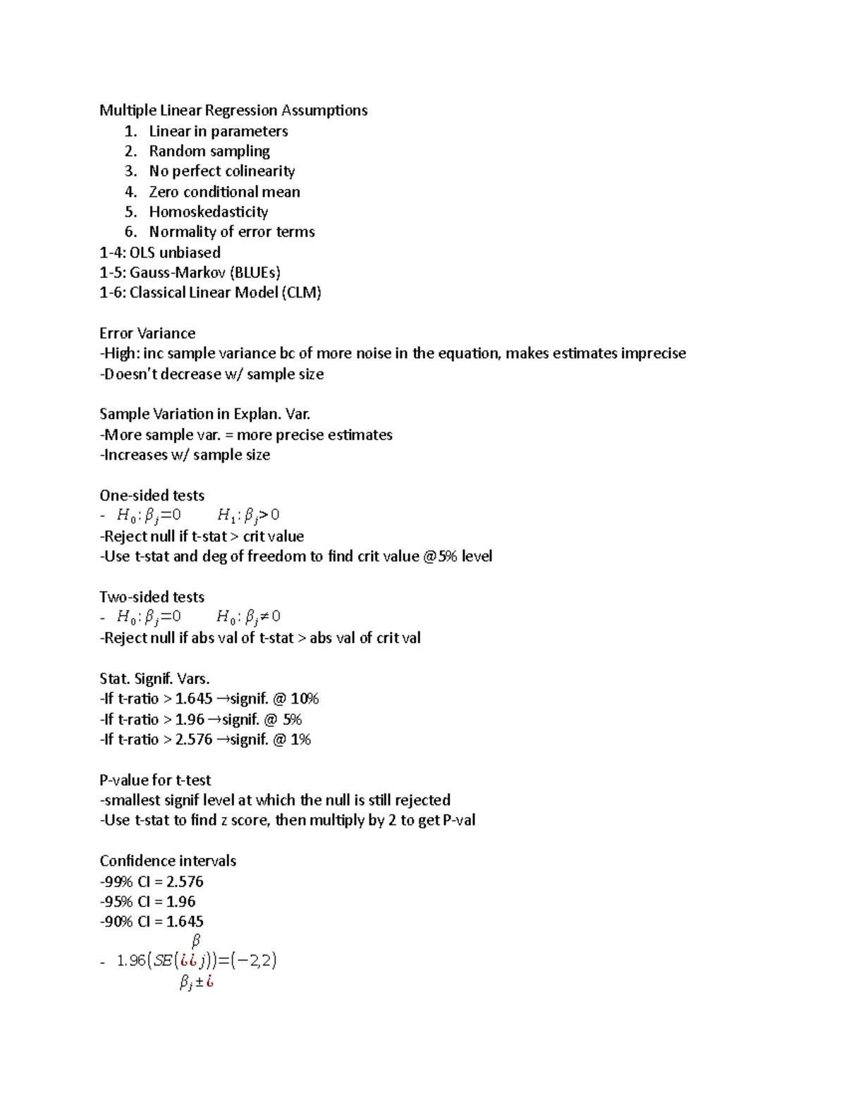 Econometrics Study Guide - Multiple Linear Regression Assumptions 1 ...