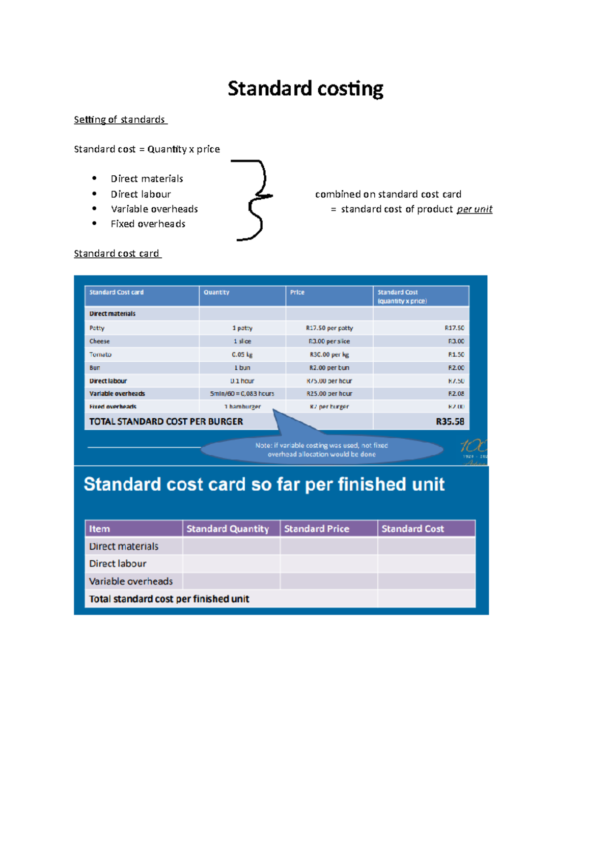 Standard costing - Standard costing Setting of standards Standard cost ...