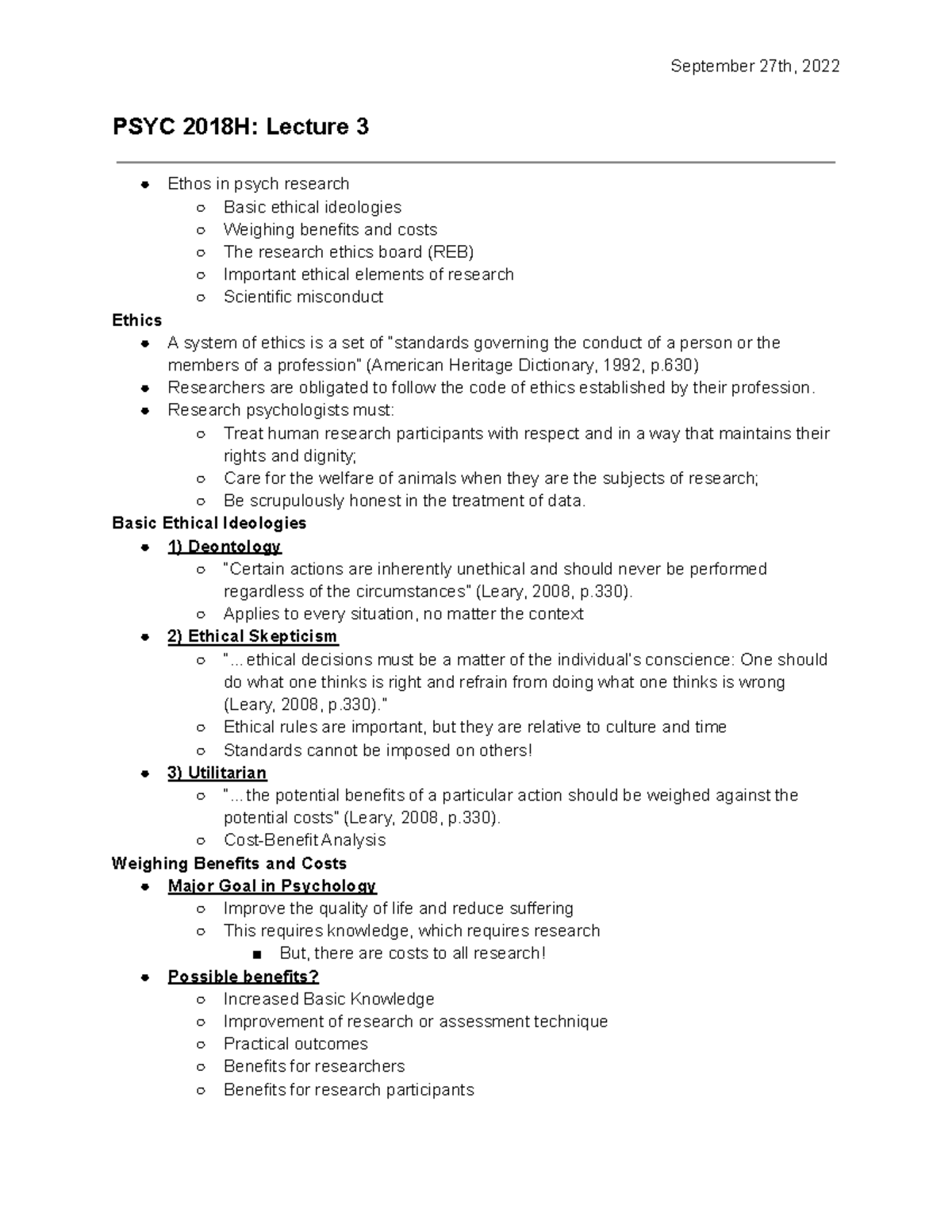 PSYC 2018 Lecture 3 (Sept 27th) - PSYC 2018H: Lecture 3 Ethos in psych research Basic ethical ...