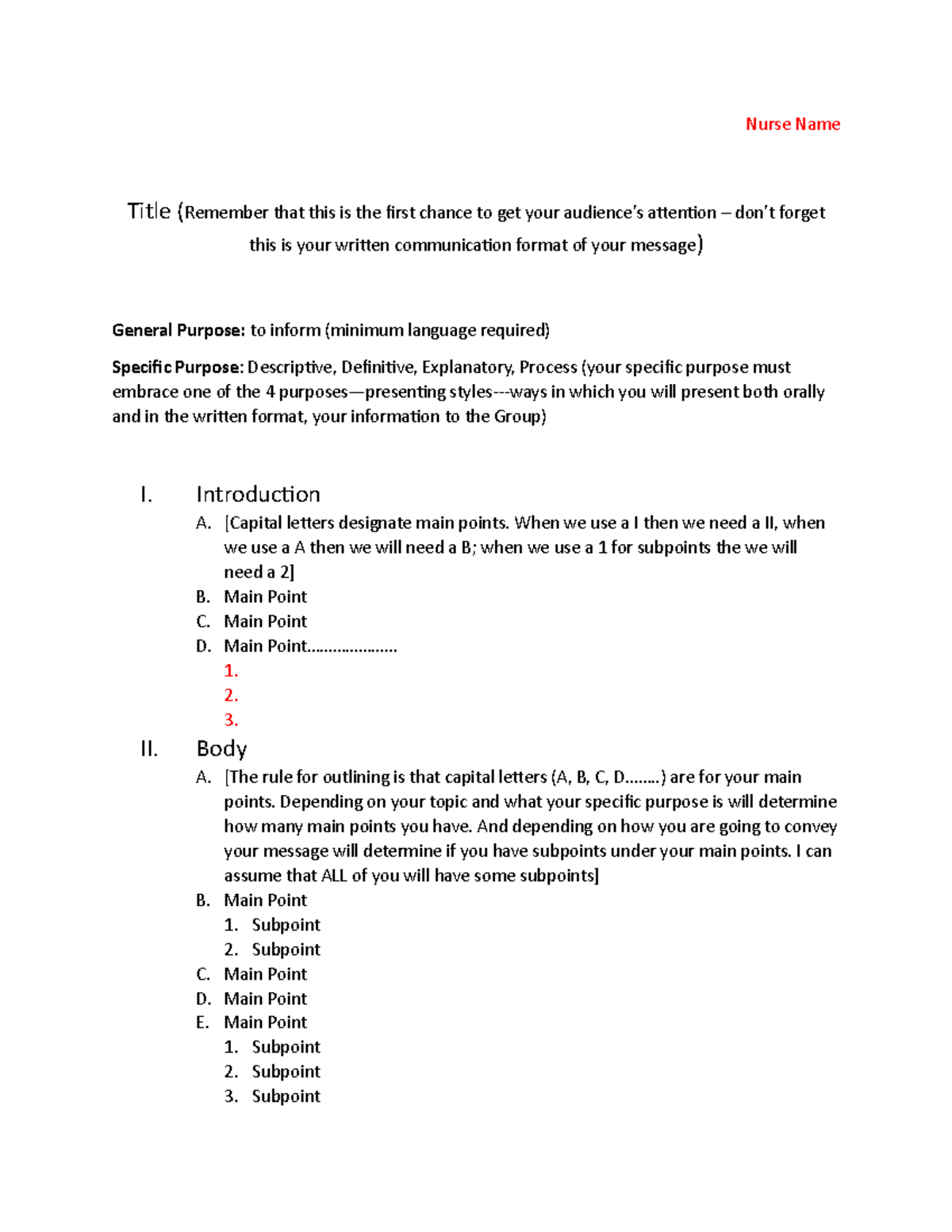 Nurse Name Outline - brief coursework - Nurse Name Title (Remember that ...
