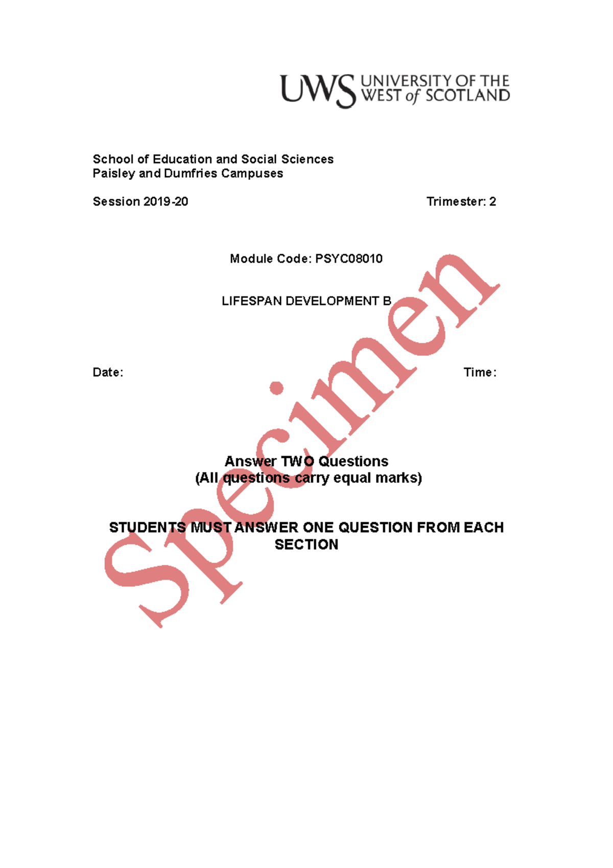 Specimen exam paper 2019-20 - School of Education and Social Sciences ...