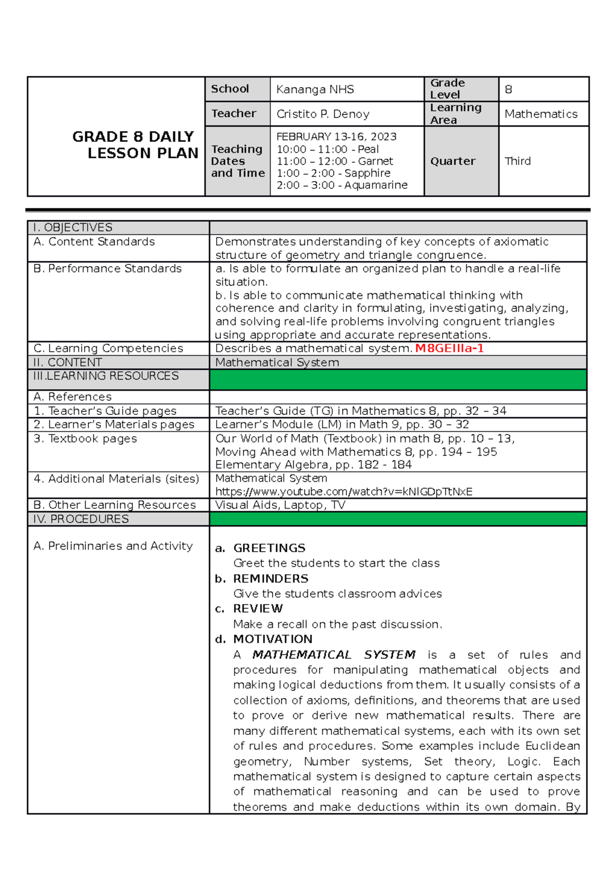 DLP - Q3FEB13-16 - dll - GRADE 8 DAILY LESSON PLAN School Kananga NHS ...