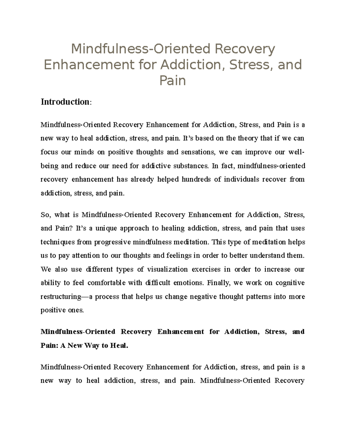 Mindfulness-Oriented Recovery Enhancement for Addiction, Stress, and ...