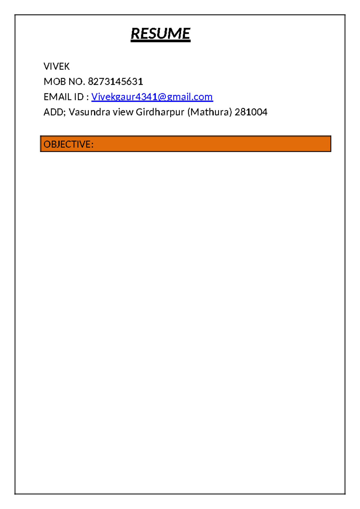 Vivek CV - hhahdjad - Bachelor of business administration - RESUME ...