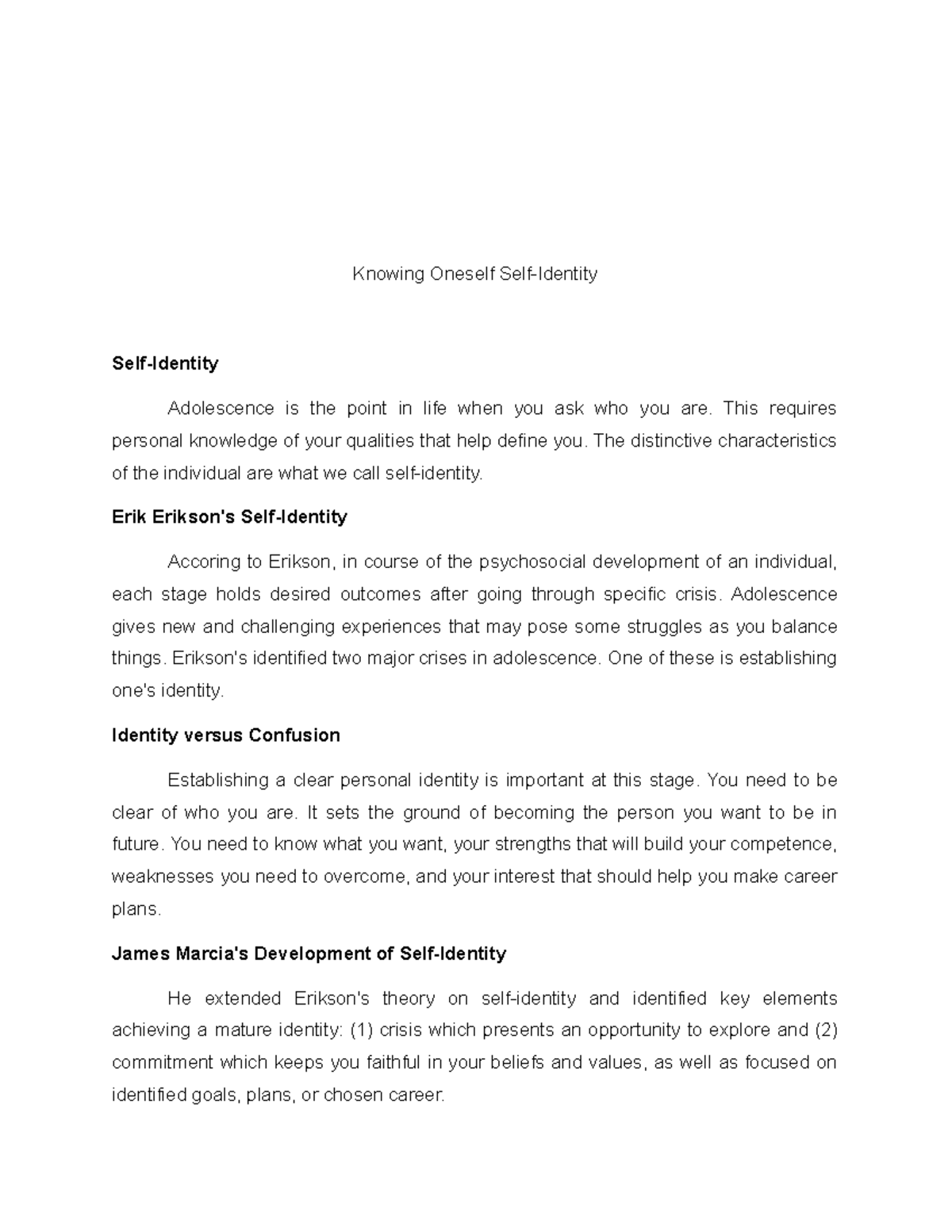 Lecture Notes - Understanding THE SELF - Knowing Oneself Self-Identity ...