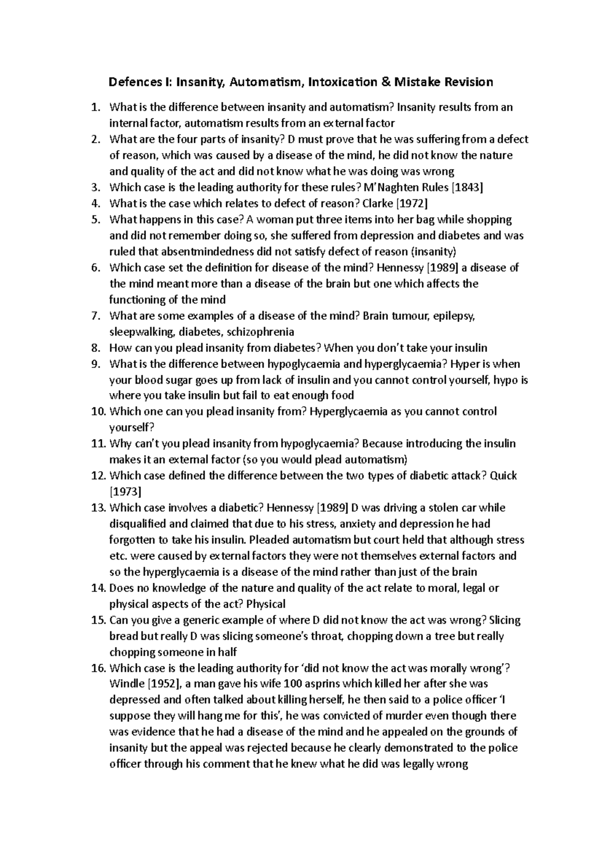 Revision - Defences I Insanity, Automatism, Intoxication and Mistake ...